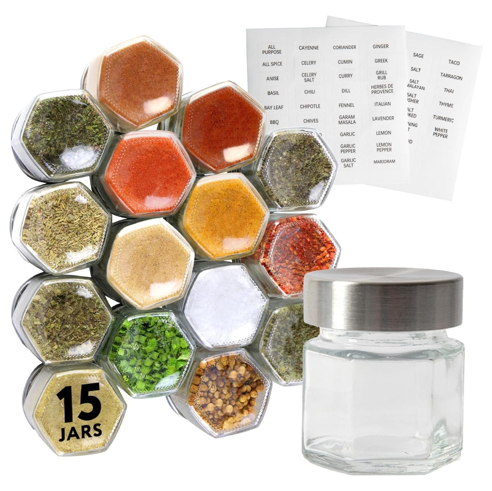 Drevy Hexagonal Glass Magnetic Spice Jars - 15 Pack - Spice Storage ...
