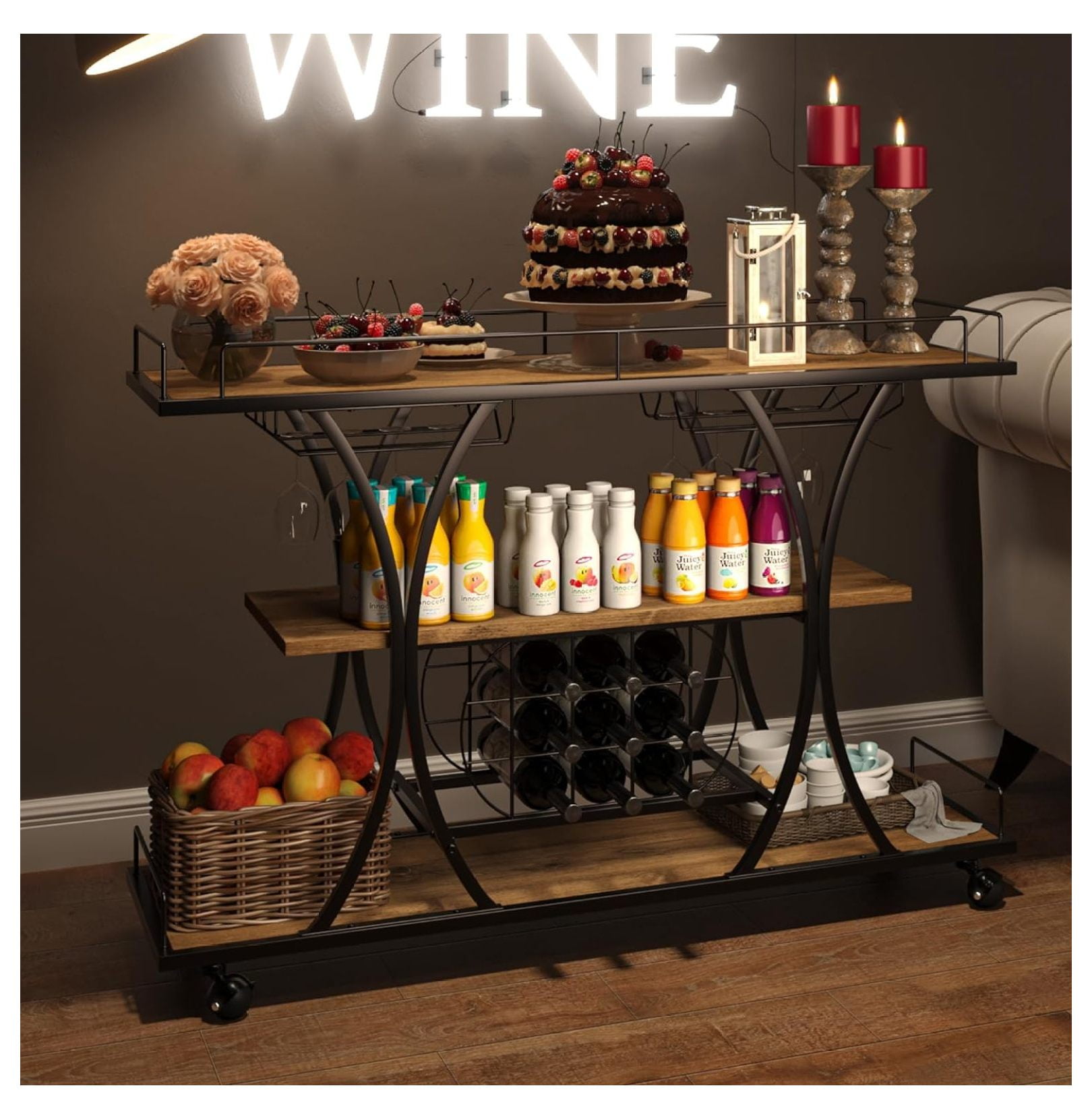 Drevy Industrial Bar Cart Farmhouse Mobile Metal Wooden Home Mini Bar ...