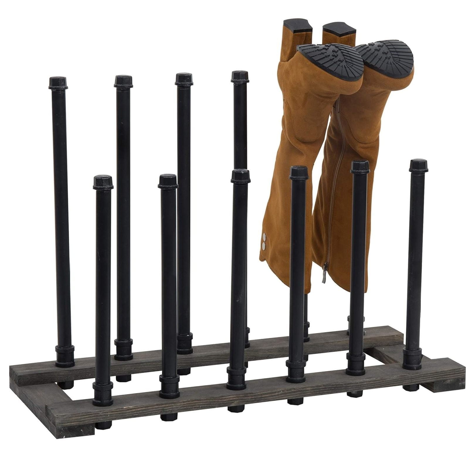 Drevy Industrial Black Metal Boot Rack Stand with Rustic Gray Solid ...