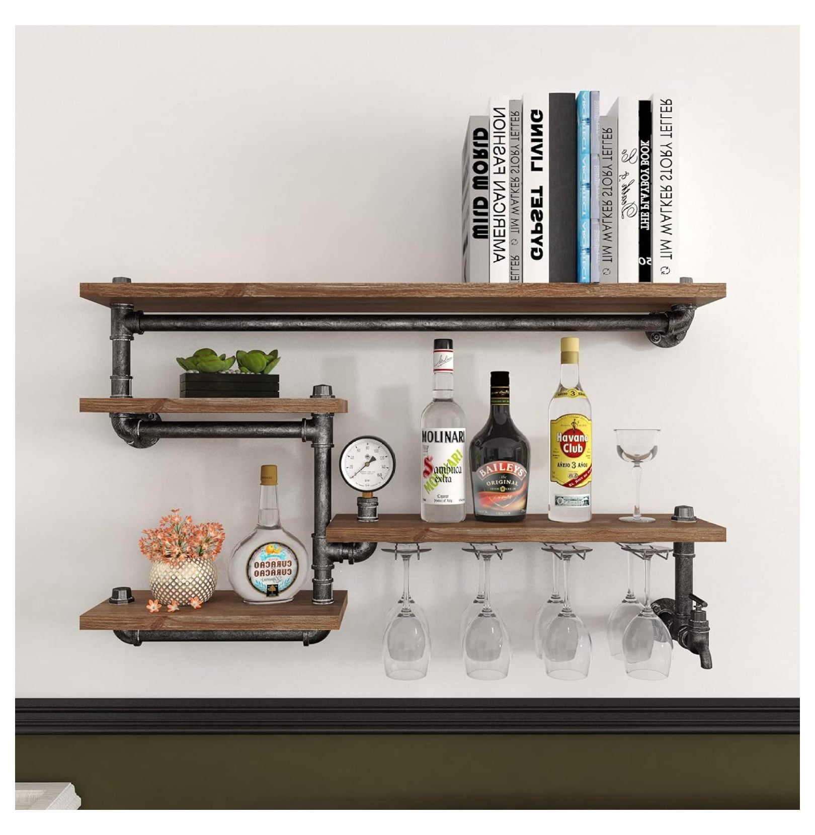 Drevy Industrial Pipe Wine Rack, Wall Mounted Wine Rack with 4 Stem ...
