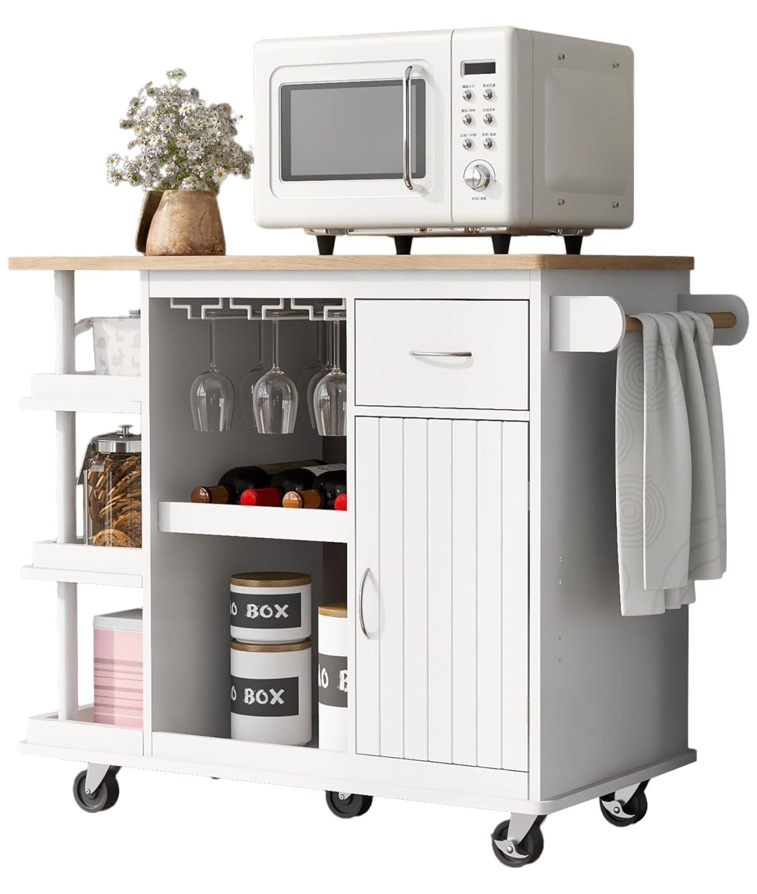 Drevy Kitchen Island Cart on Wheels with Side Storage Shelves and Wood ... Drevy Kitchen Island Cart on Wheels with Side Storage Shelves and Wood ...