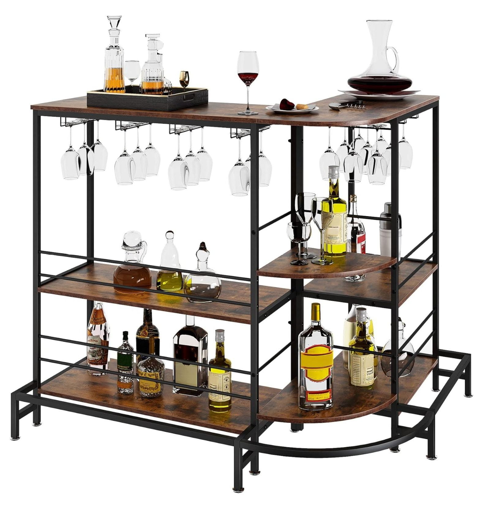 Drevy L-Shape Bar Table, 3-Tier Liquor Bar Table with Storage & Glasses ...