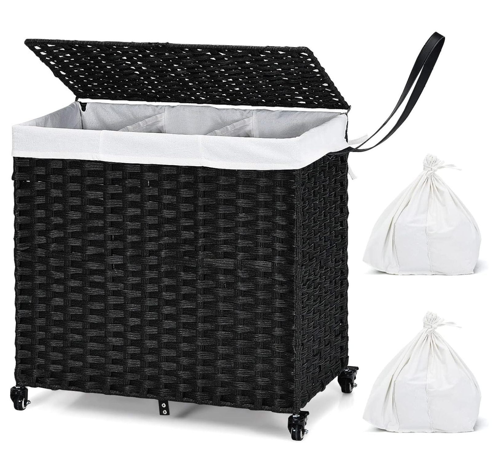 Drevy Laundry Hamper with Lid and Wheels, Hand Woven Rattan Clothes ...
