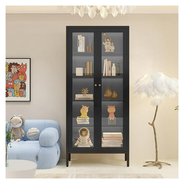 Drevy Metal Storage Cabinet, Black Display Curio Glass Storage Cabinet ...
