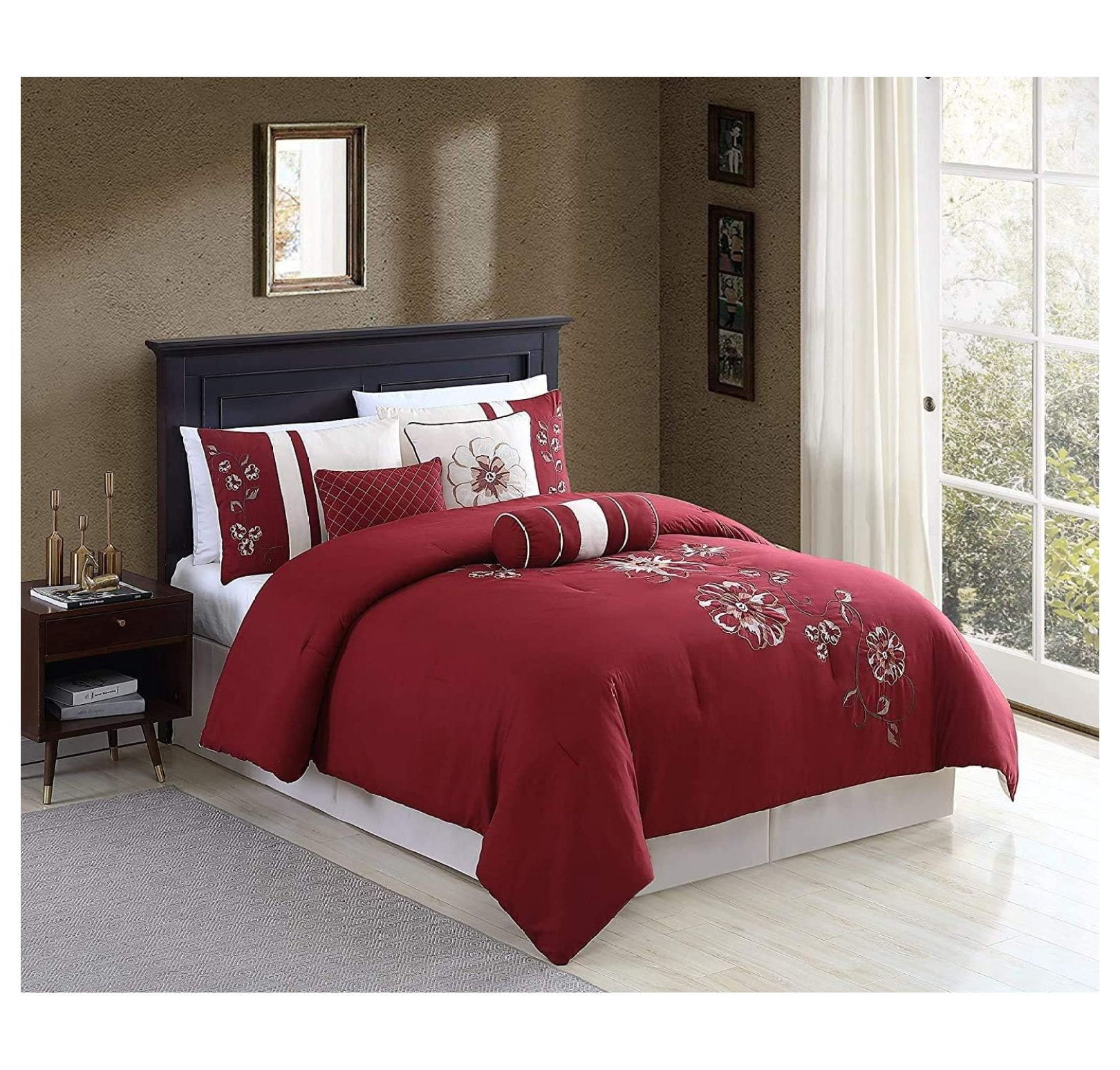 Drevy Miranda 7-Piece Red Floral Hibiscus Embroidery Beige Comforter ...