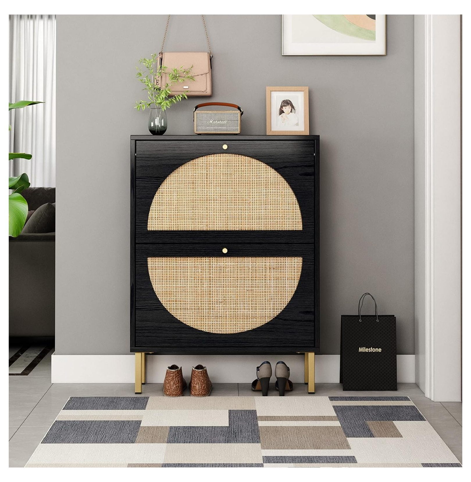 Drevy Natural Rattan Shoe Cabinet with 2 Drawers, Entrance Hallway Slim ...