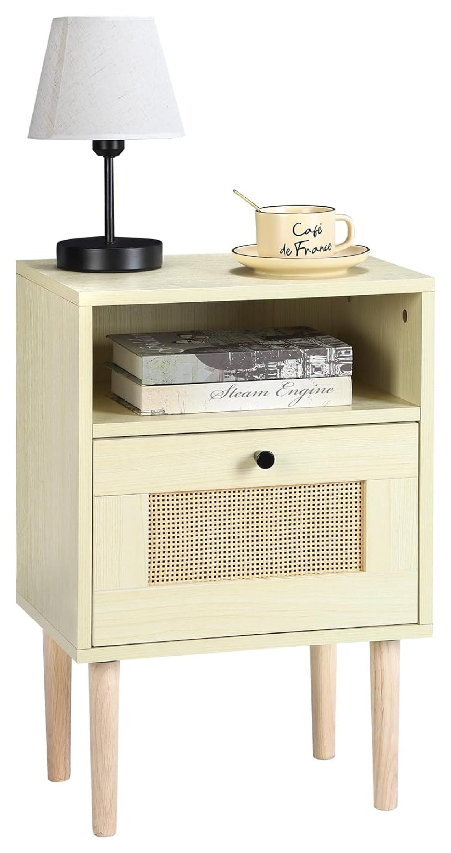 Drevy Nightstand, -Century Modern Bedside Table with Rattan Decor ...