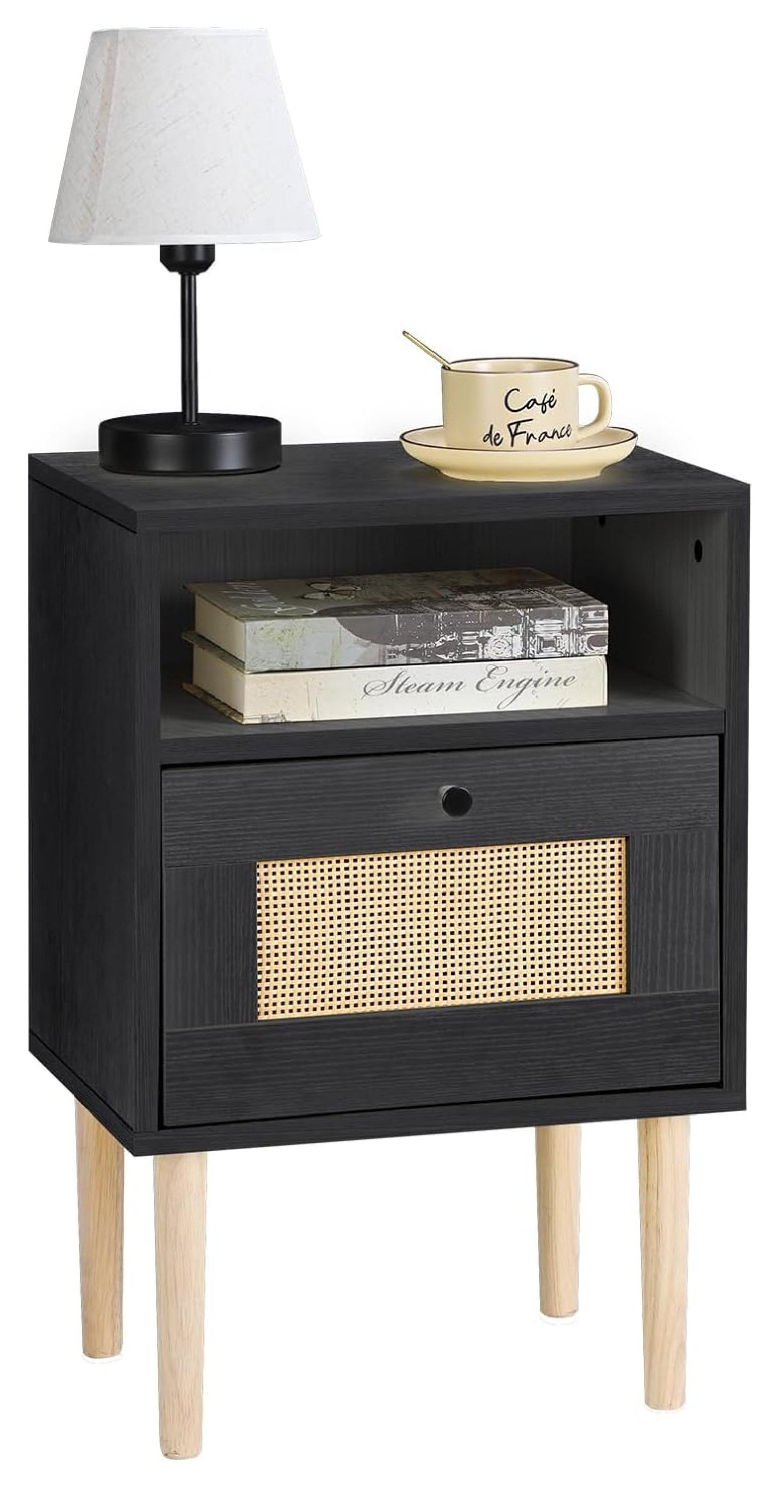 Drevy Nightstand, -Century Modern Bedside Table with Rattan Drawer, Bed ...