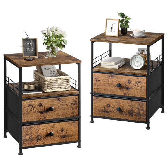 Drevy Nightstand Set of 2, Bedside Table with Fabric Drawers and Open ...