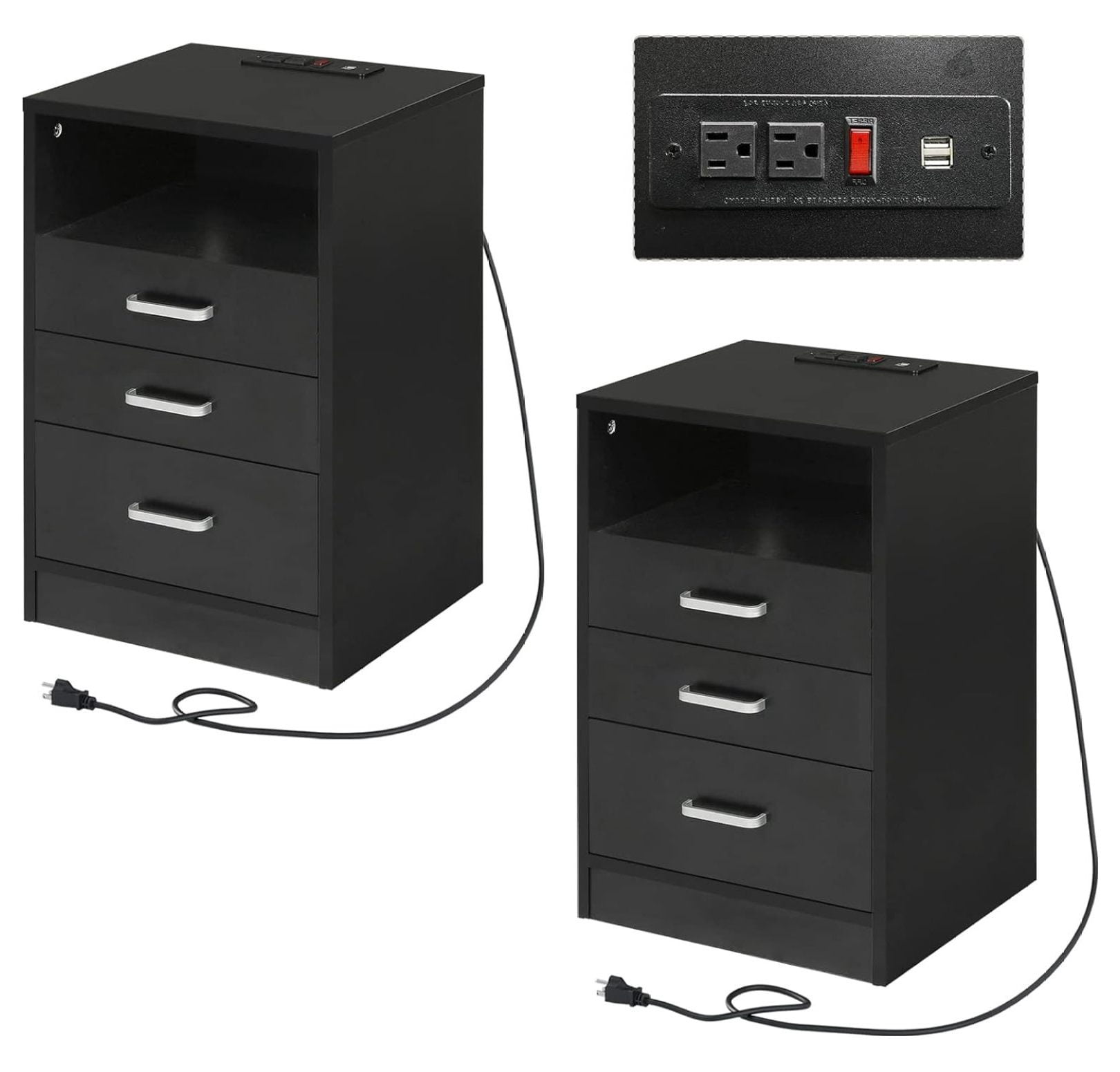 Drevy Nightstand Set of 2 with Charging Station,Black Night Stands for ...