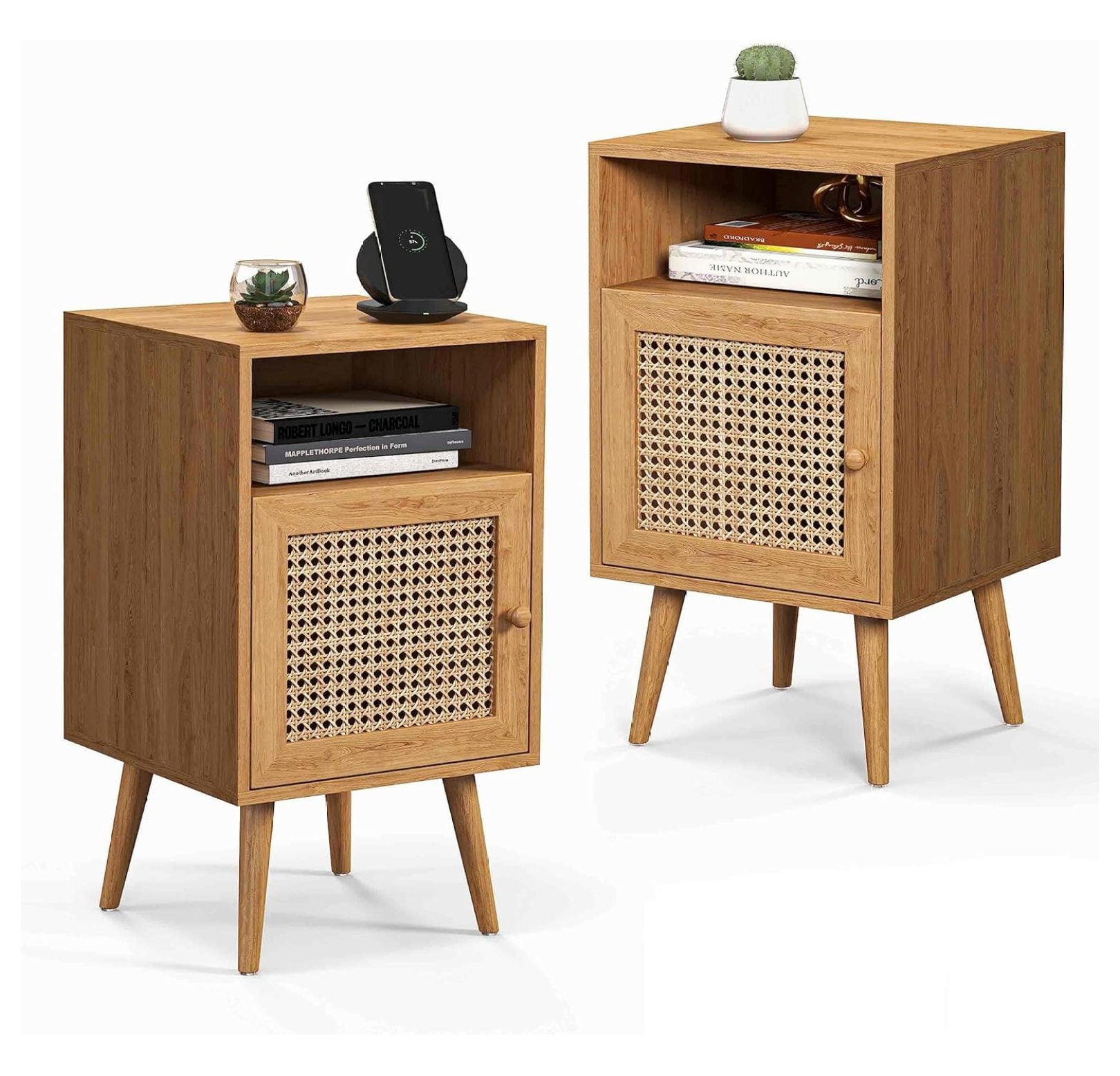 Drevy Rattan Nightstand Set of 2, Night Stand with Rattan Decor Door ...
