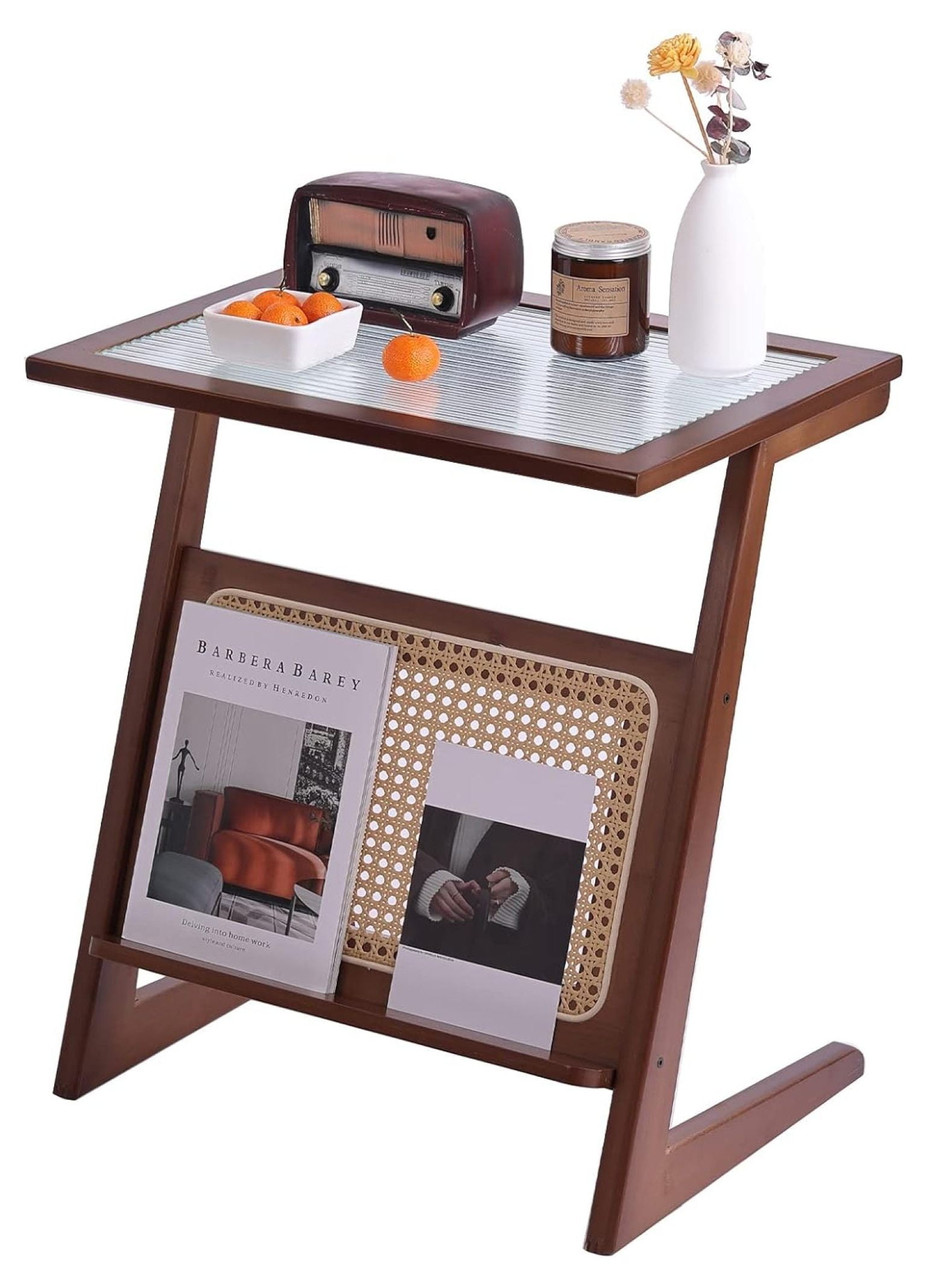 Drevy Rattan Nightstand Side Table, Bamboo Accent Bedside Tables, Glass ...