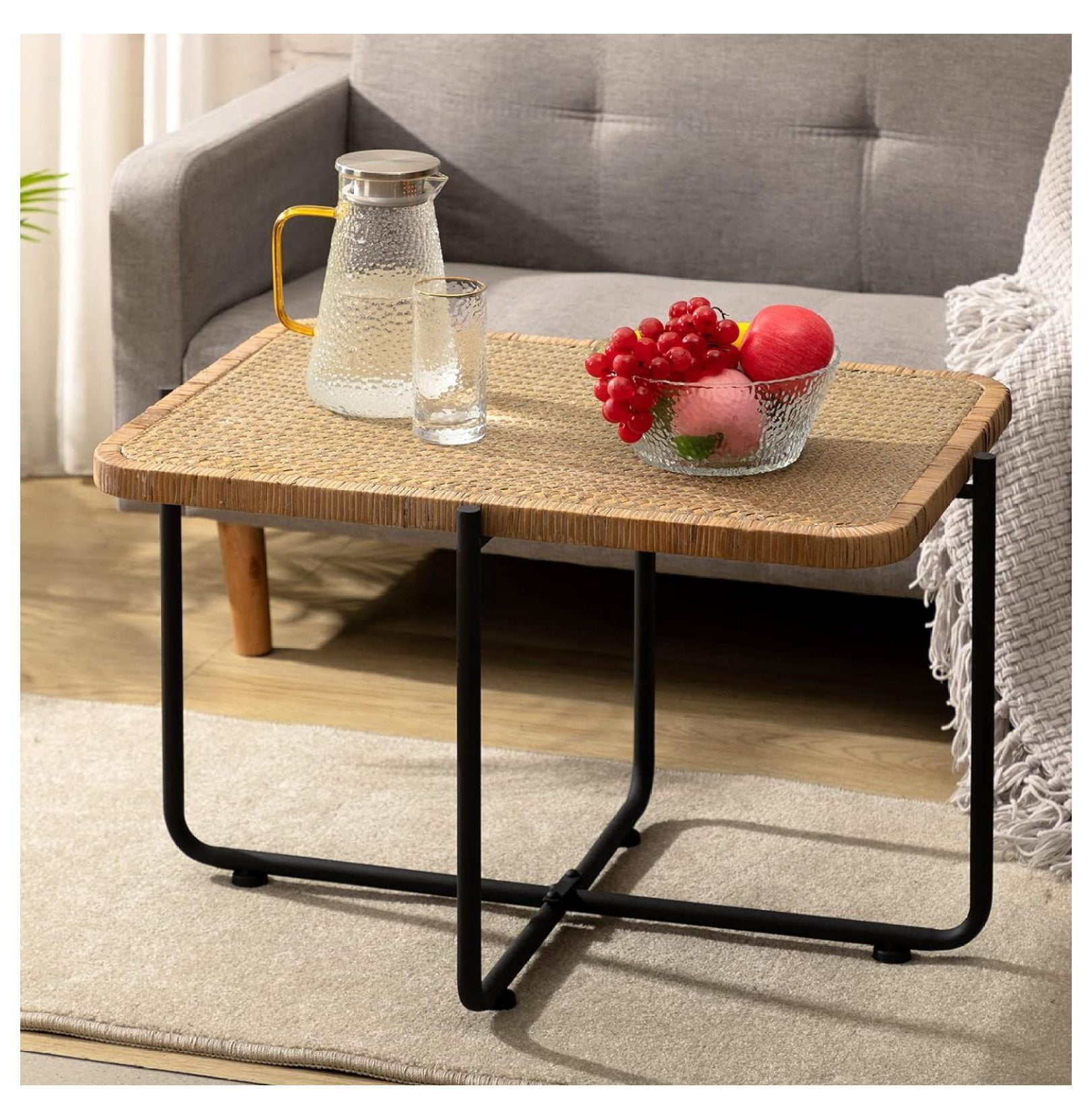 Drevy Rectangular Woven End Table, Rattan Bedside Table, Living Room ...