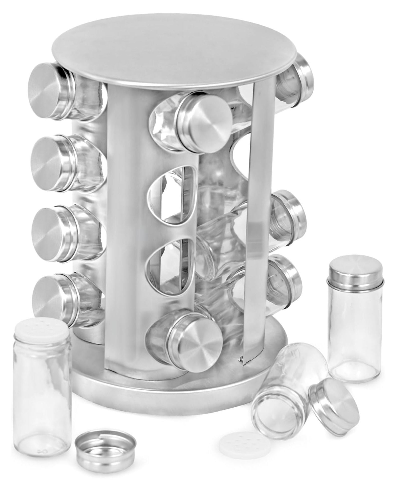 Drevy Revolving Spice Tower - Round Spice Rack - Set of 16 Spice Jars ...