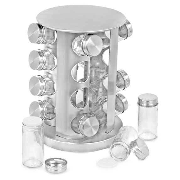 Drevy Revolving Spice Tower - Round Spice Rack - Set of 16 Spice Jars ...