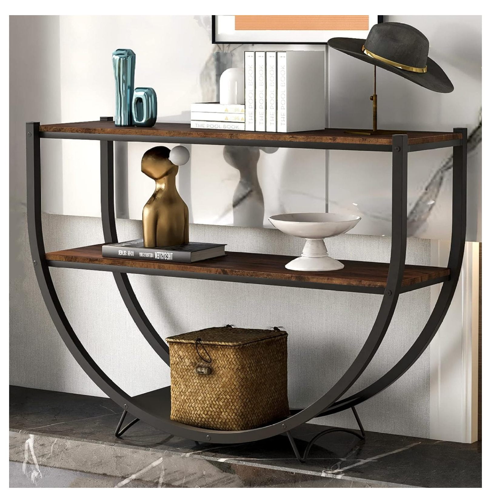 Drevy Rustic Industrial Design Console Table, Demilune Shape Textured ...