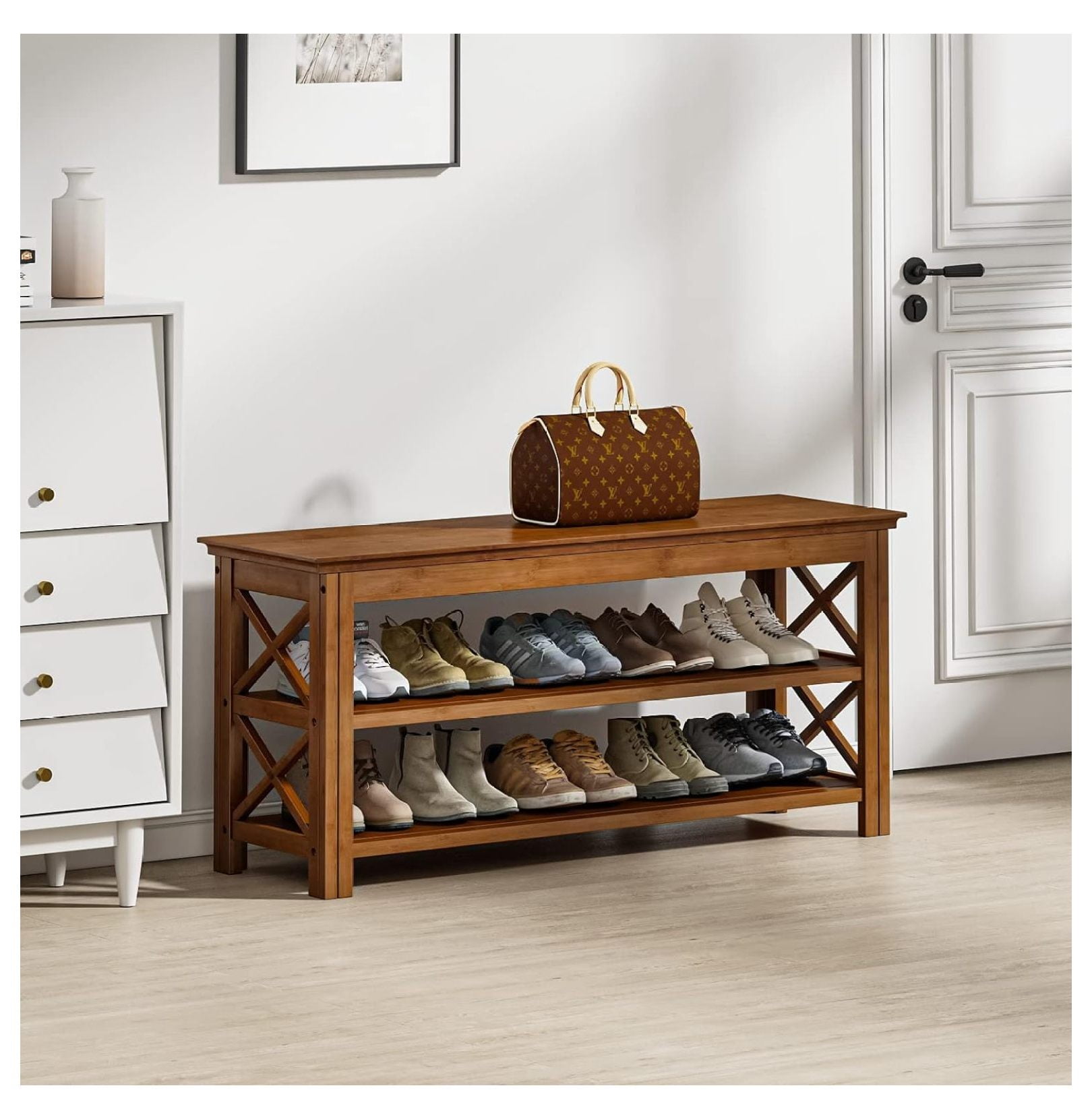Drevy Shoe Bench 3 Tier Bamboo Entryway Storage Benches Rustic Solid ...