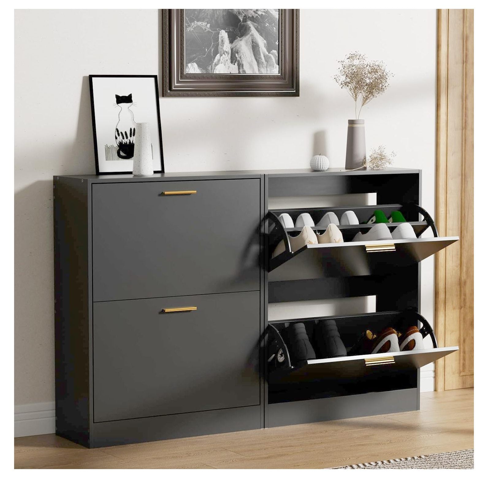 Drevy Shoe Cabinet Set of 2, Free Standing Tipping Bucket Shoe Rack ...