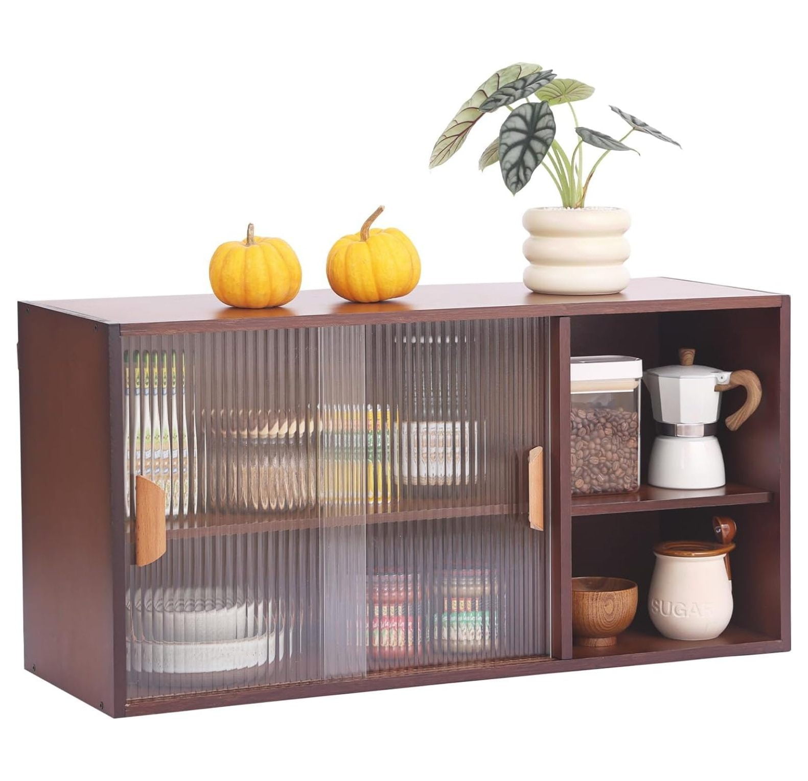 Drevy Small Kitchen Pantry Cabinet, Bamboo Wall Sideboard with Glass ...
