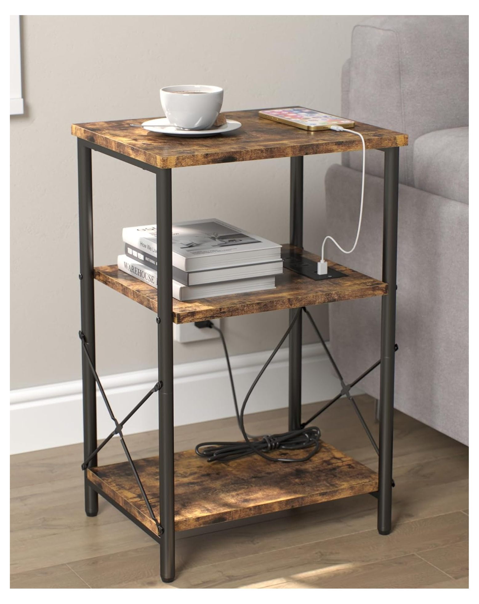 Drevy Small Side Table with Charging Station, Slim End Table for Narrow ...