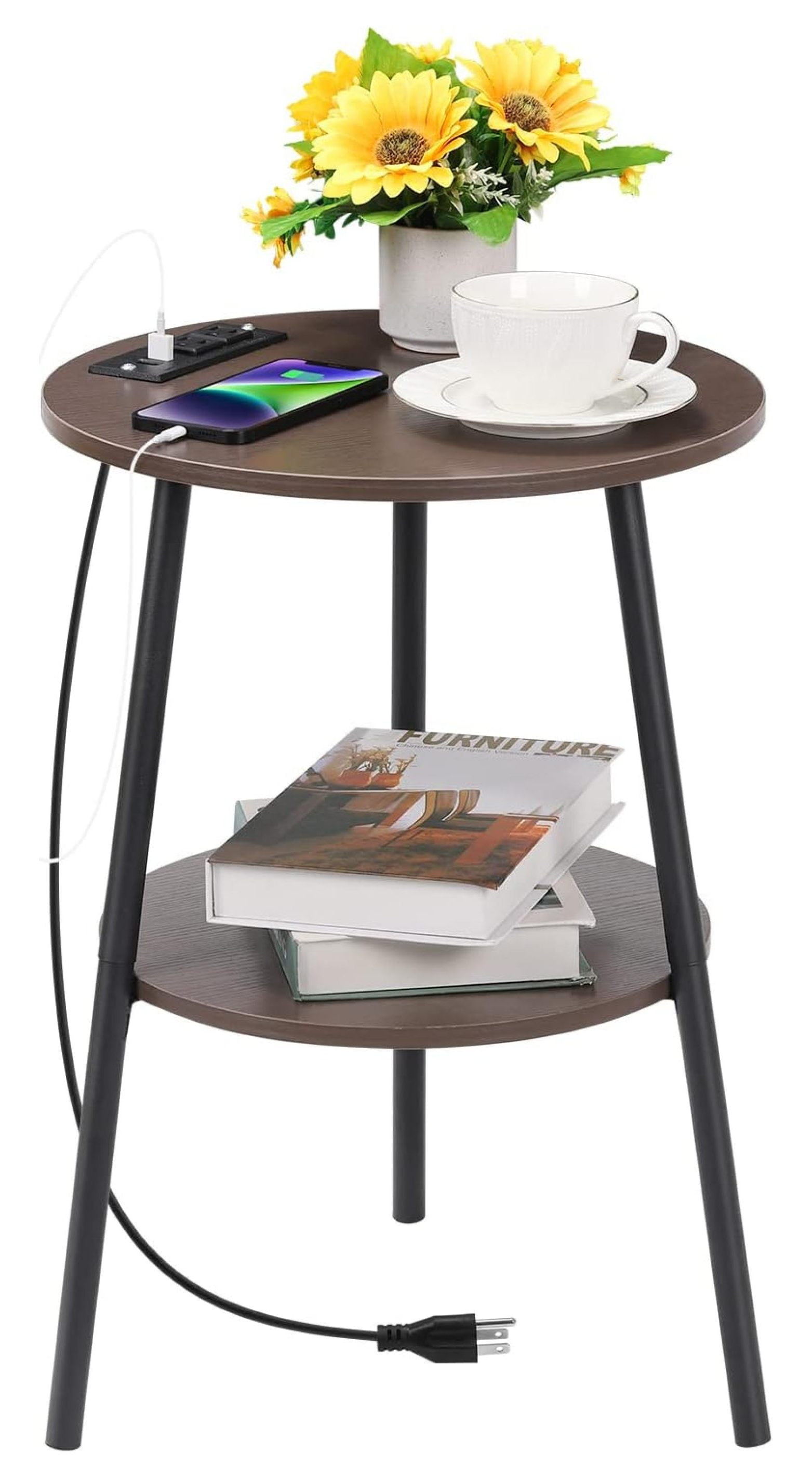 Drevy Small Side Table, Round End Table Nightstand with Charging ...