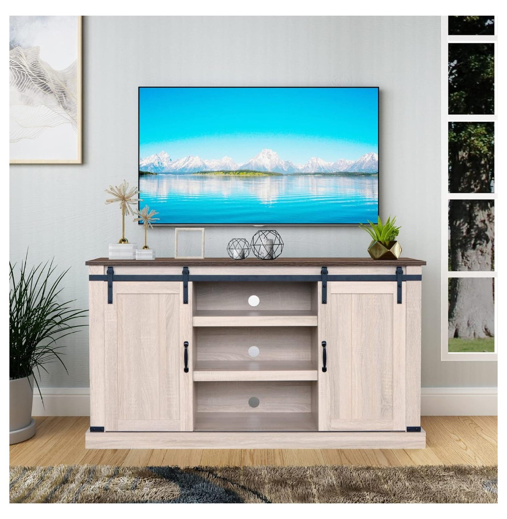 Drevy Tall TV Stand for 55+ Inch TV, Farmhouse Wood Storage Cabinet ...