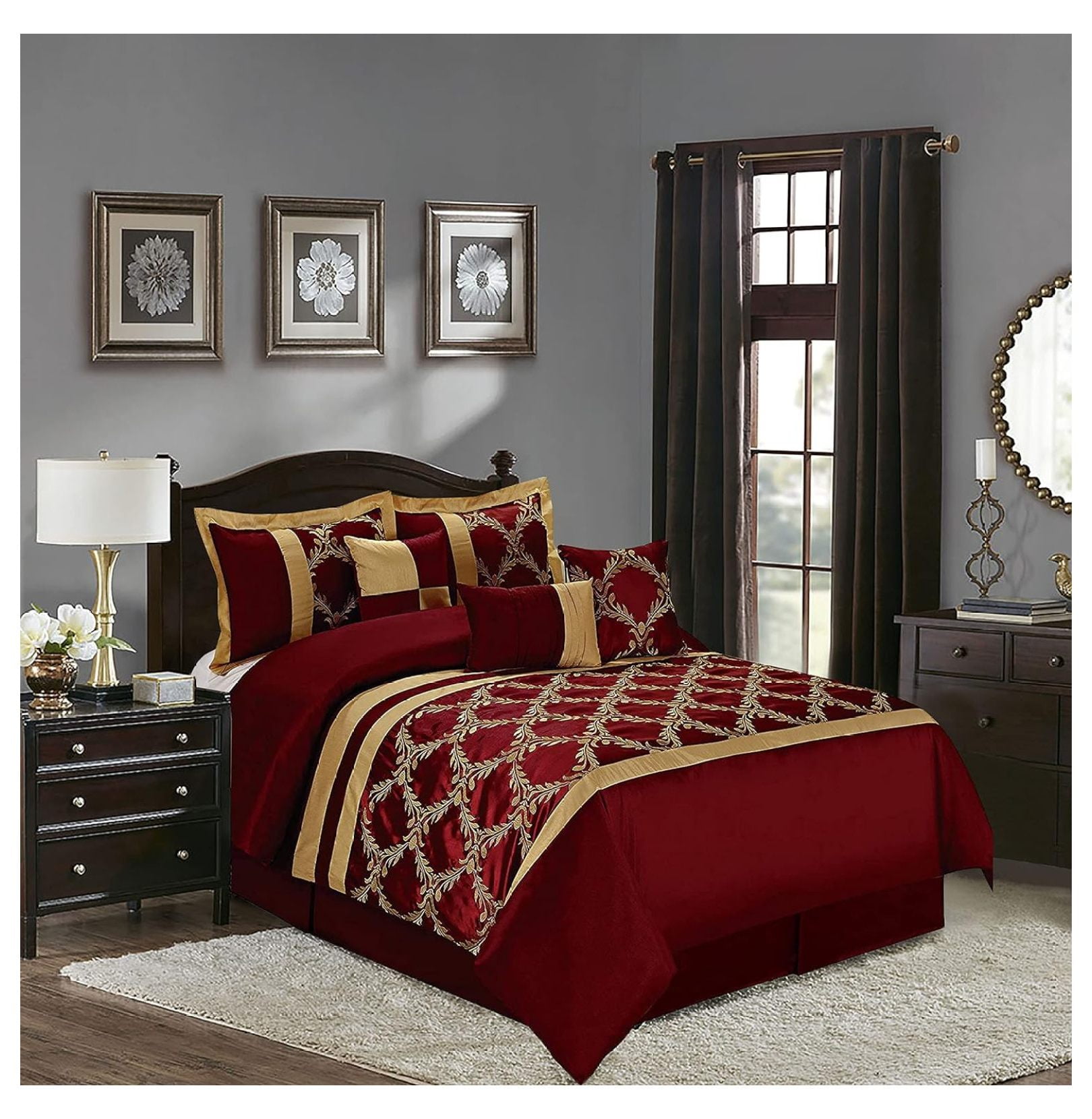 Drevy Traditional 7 Piece Embroidered Bed in A Bag, Luxury Taffeta ...