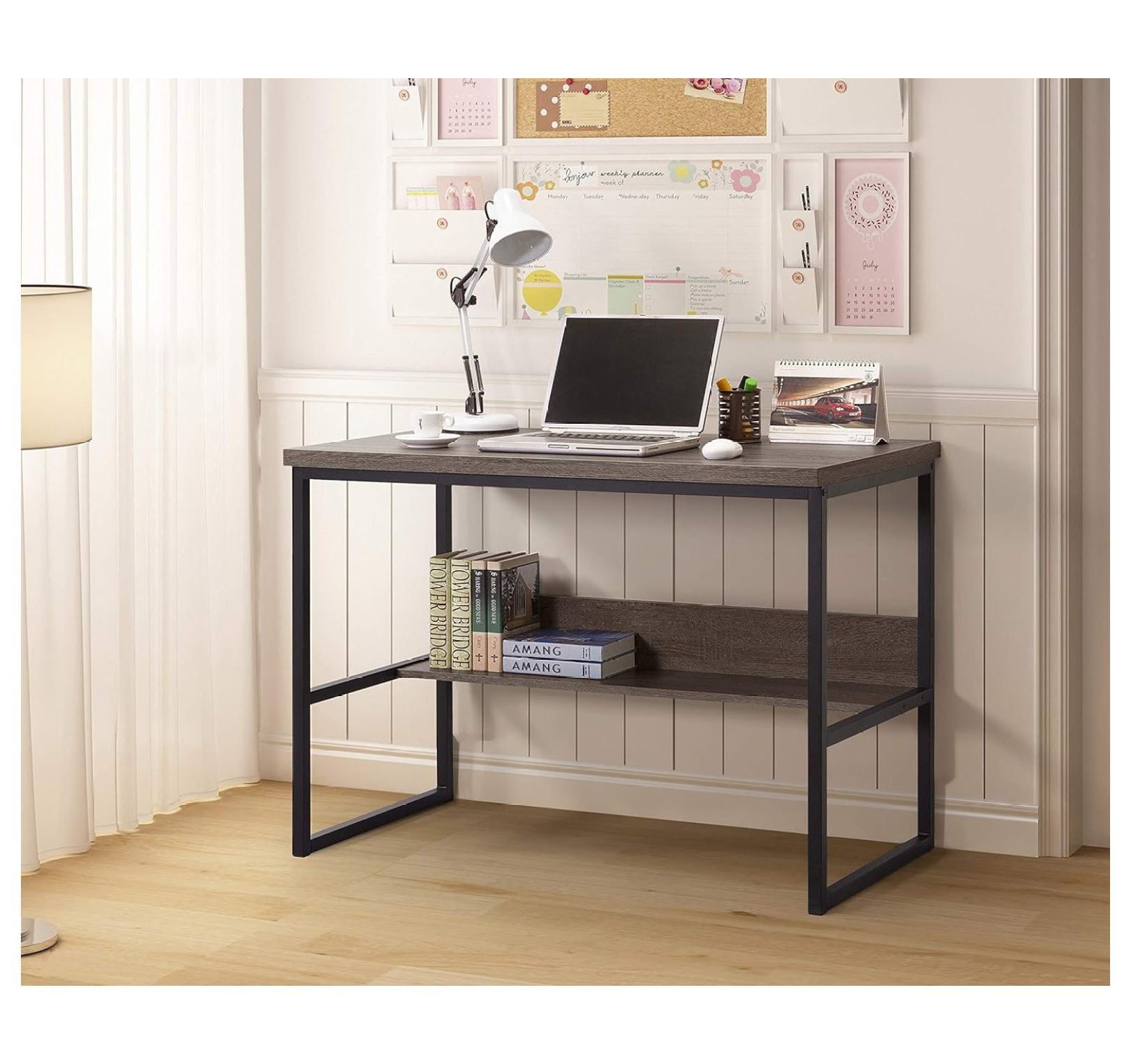 Drevy Weathered Grey Finish Large Computer Desk with Bookshelf, Office ...
