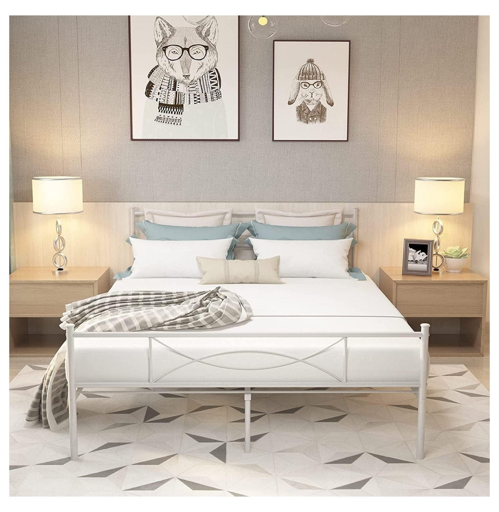 Drevy White Full Size Bed Frame with Headboards, 10 Legs Metal Platform ...