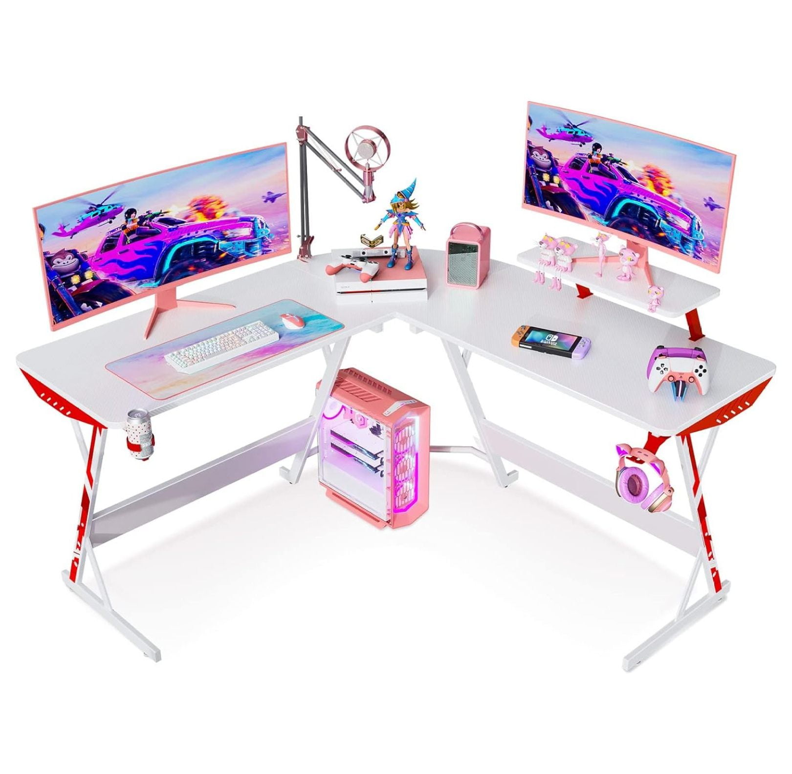 Drevy White Gaming Desk L Shaped, Gamer Desk Gaming Table with Carbon ...