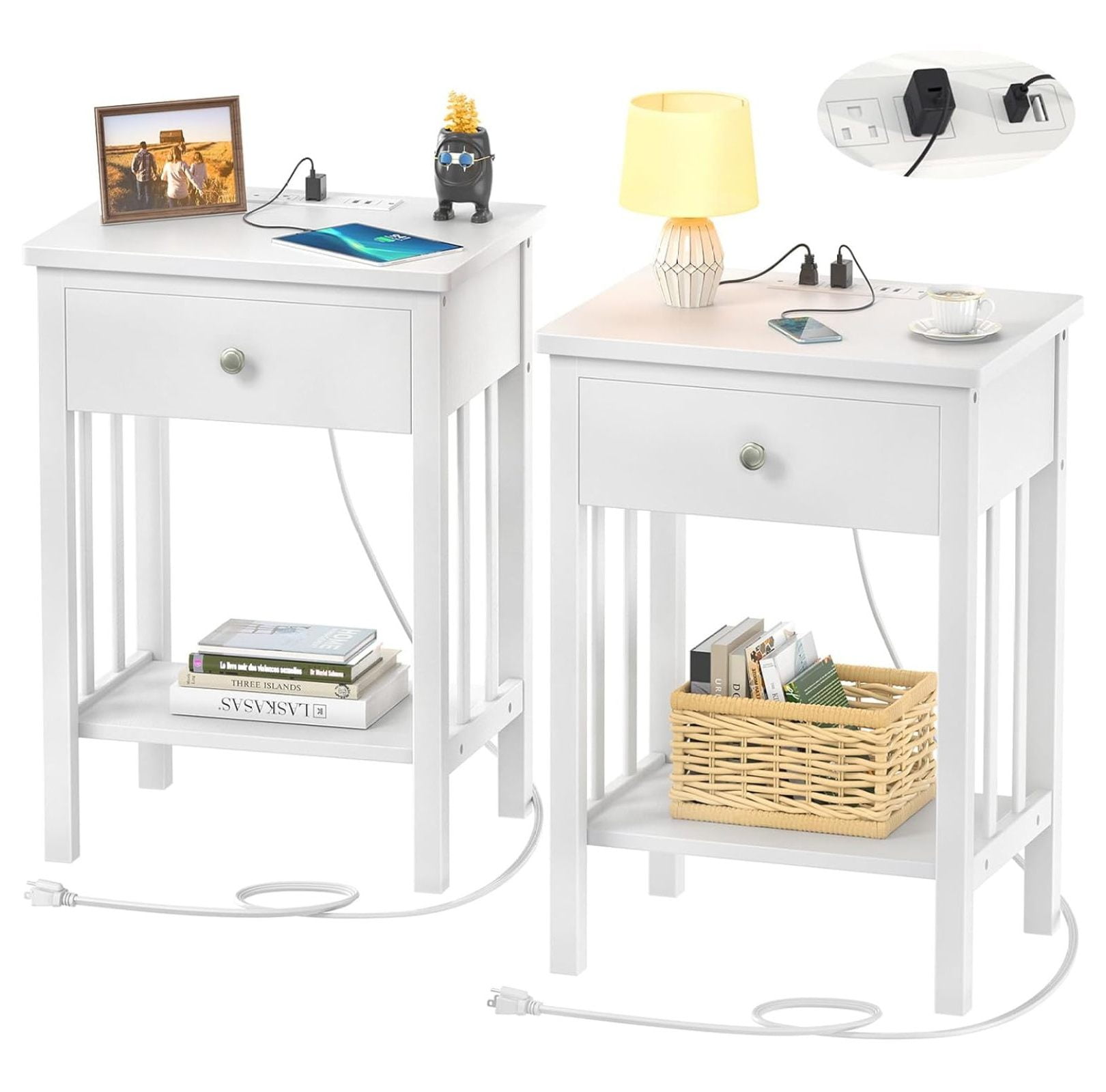 Drevy White Nightstand with Charging Station Set of 2, Bamboo Bedside ...