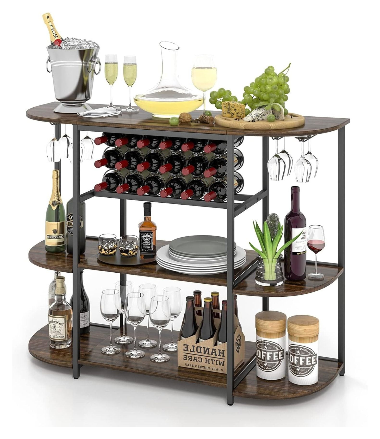Drevy Wine Rack Table, 47 Inches Industrial Wine Bar Cabinet with Wine ...