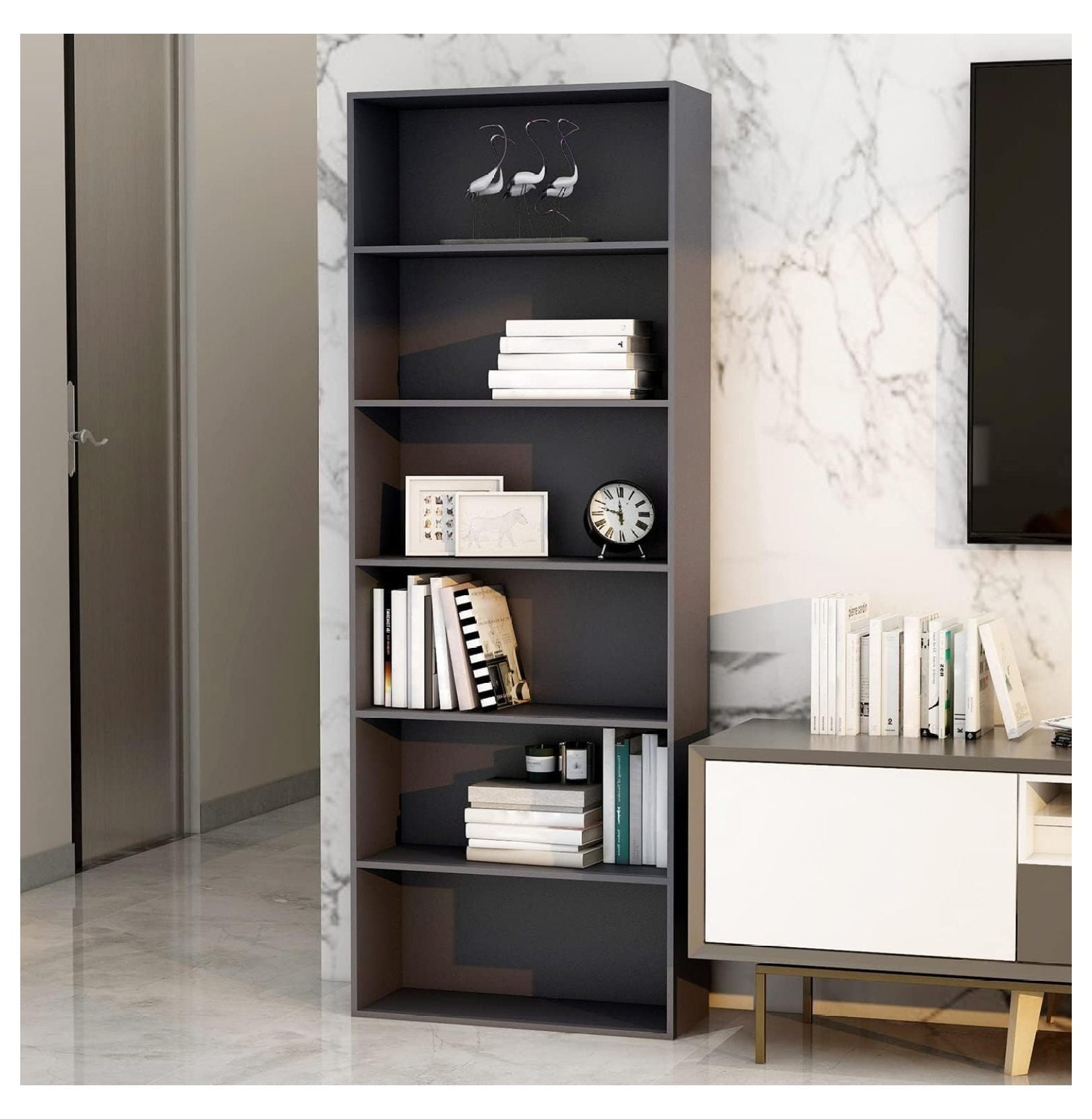 Drevy Wood Bookcase with 6 Shelf Bookshelf, Book Collection Cabinet and ...