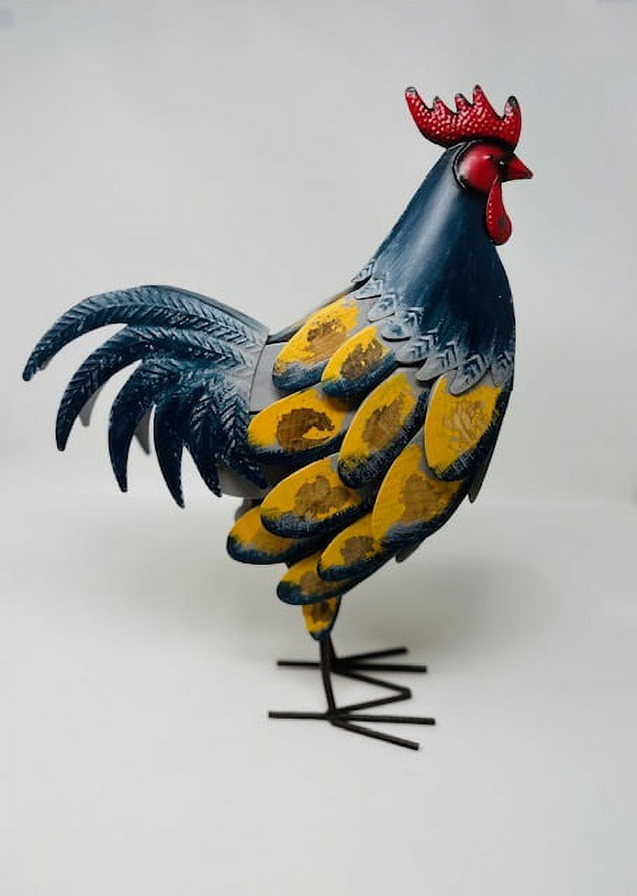 Drew DeRose Designs blue rooster with wood chip & metal details 16.5"T ...