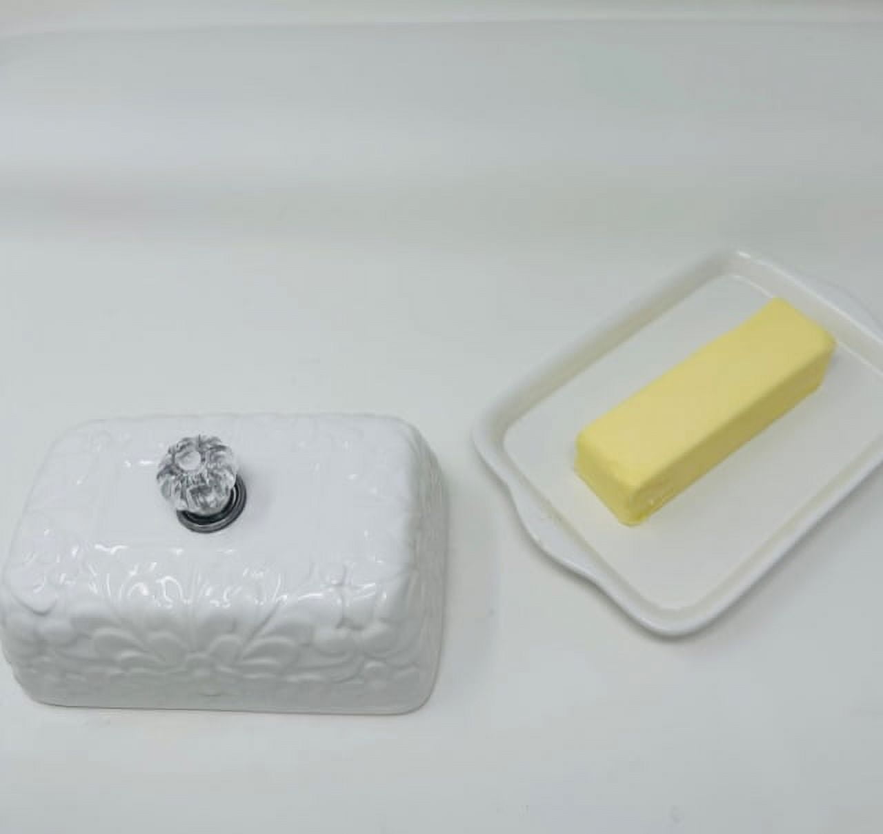 Drew DeRose Designs white floral butter dish with crystal knob 7"L x 5 ...