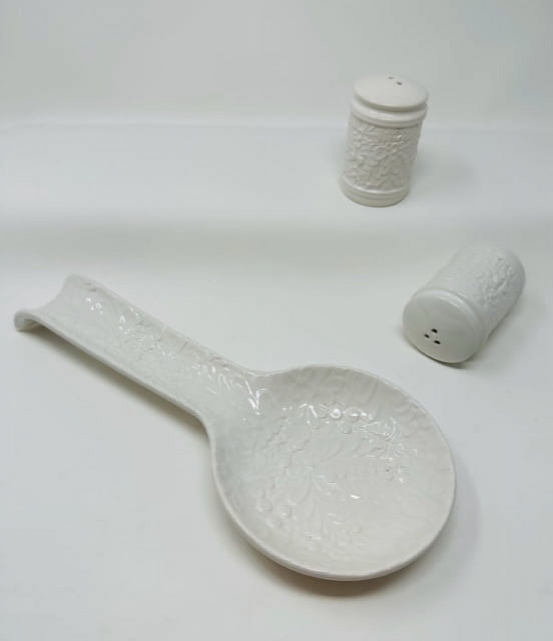 Drew DeRose Designs white floral spoon rest and salt/pepper set ...