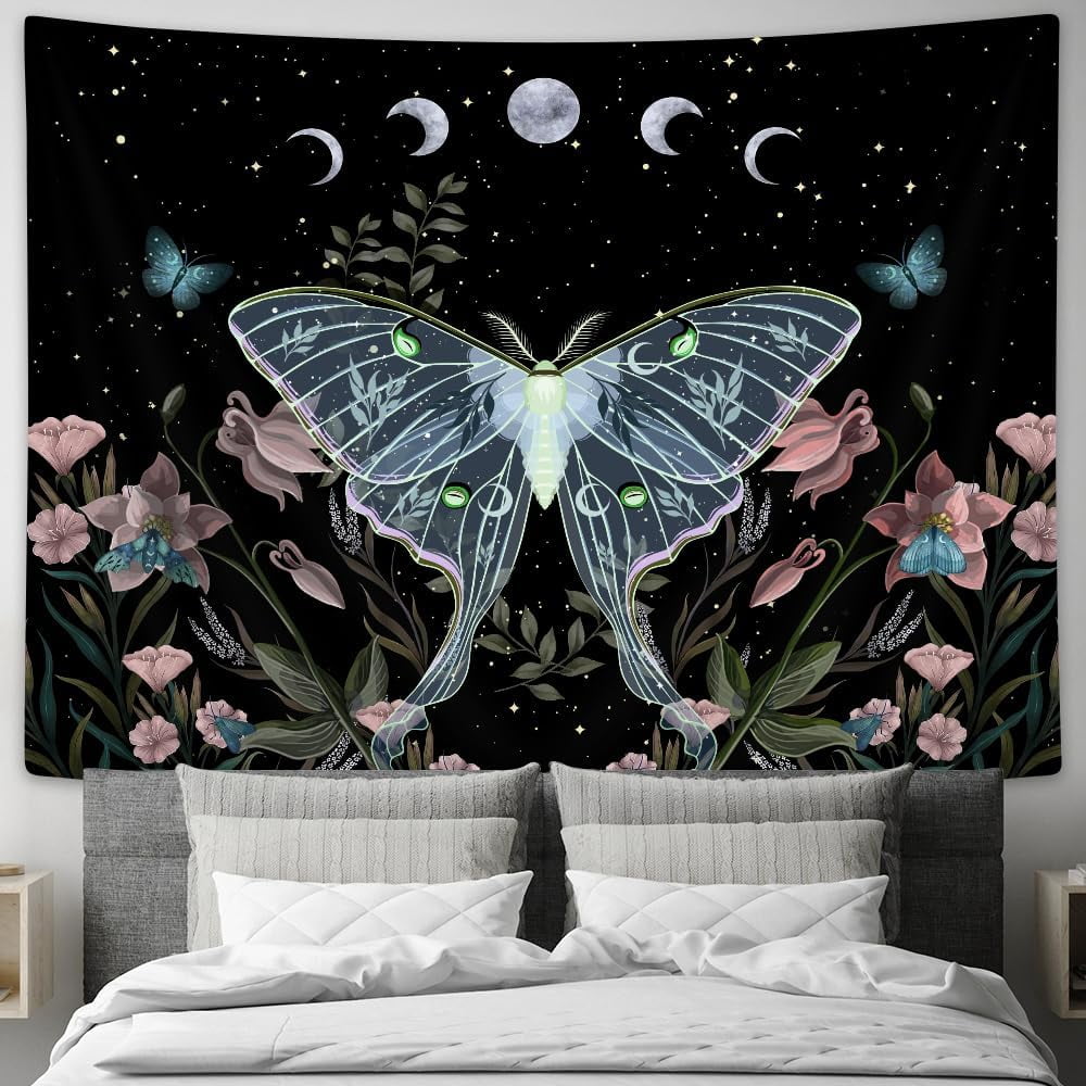 Drgilau Blue Moth Tapestry Wall Hanging, Moon Phase Stars Cute Plants ...