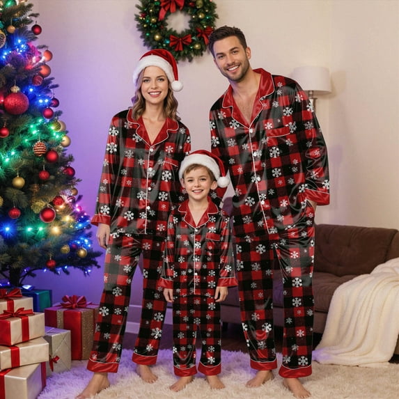 Drie Family Christmas Pjs Matching Sets Silk Christmas Pajamas for Family Button Shirt and Satin ...