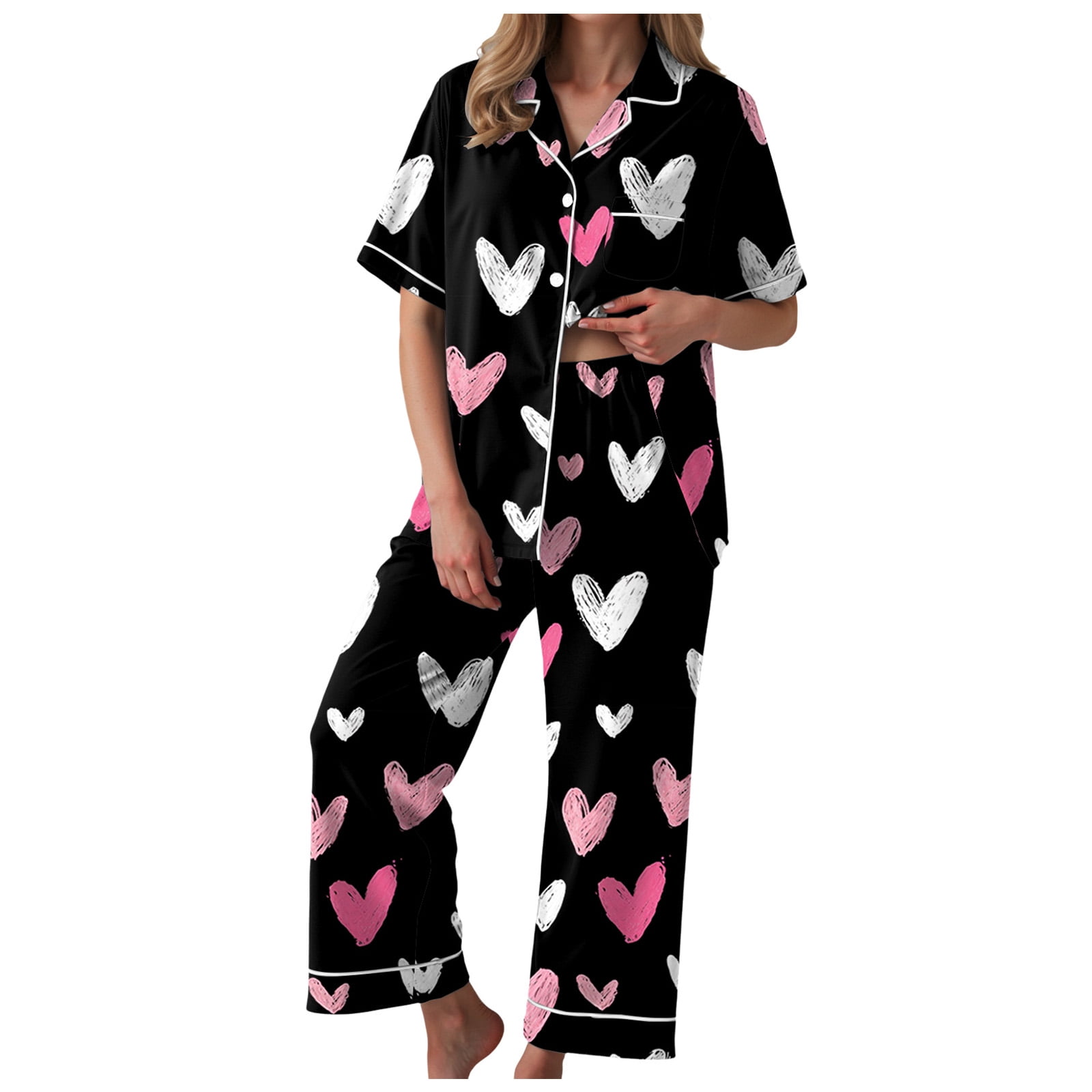 Drie Lounge Sets for Women Women Y2k Pajamas Set Heart Print Silk Satin ...