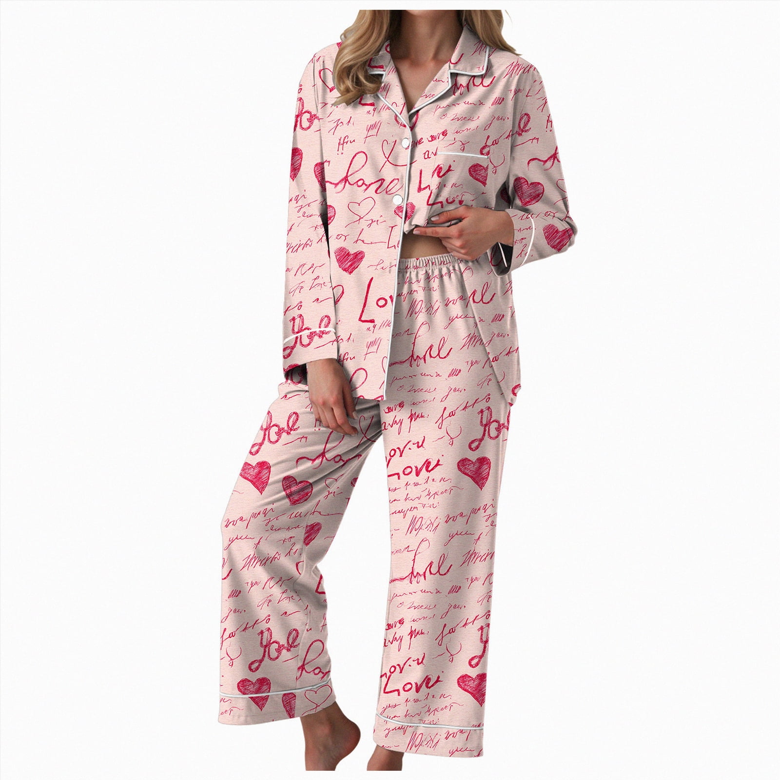 Drie Womens Pajamas Women 2 Piece Pajama Set Heart Print Long Sleeves ...