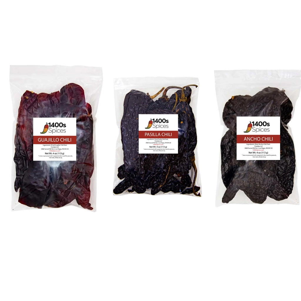 Mexican Dried Chiles Peppers 3 Pack Bundle by 1400s Spices - Guajillo ...