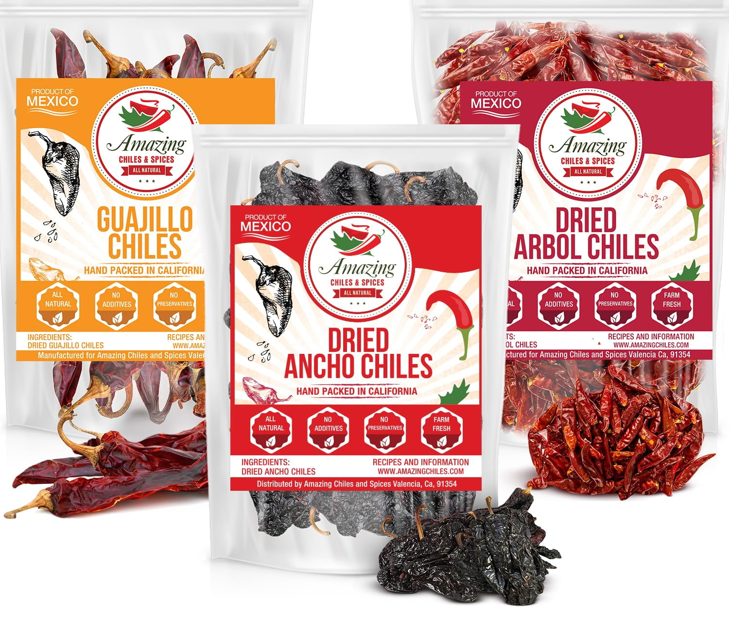 Dried Chili Peppers Variety BCF26 Pack 4oz Each - Ancho, Arbol and ...