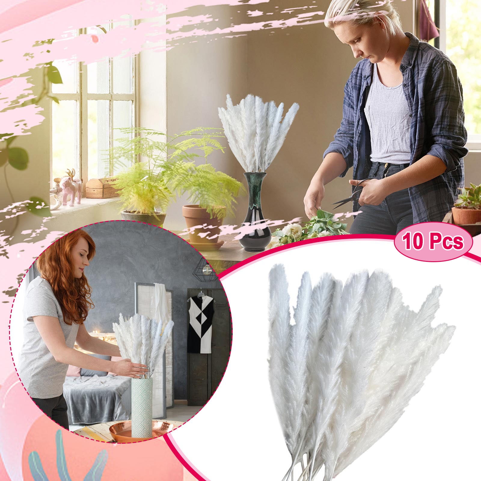 Dried Faux Pampas Grass 10 Pcs Stem Artificial Pompous Grass Fake Boho ...