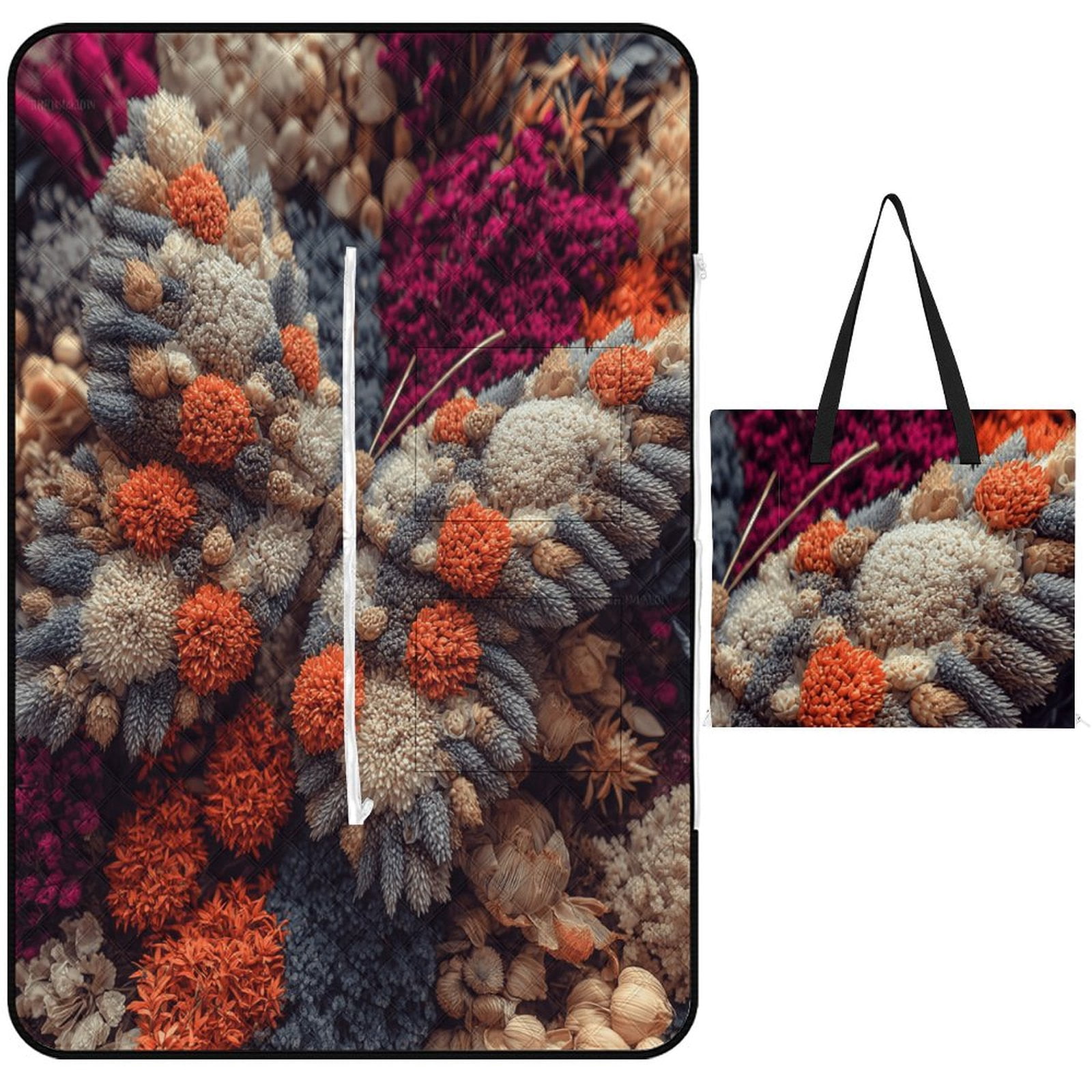 Dried Flower Butterfly Art Floral Design Waterproof Picnic Blanket with ...