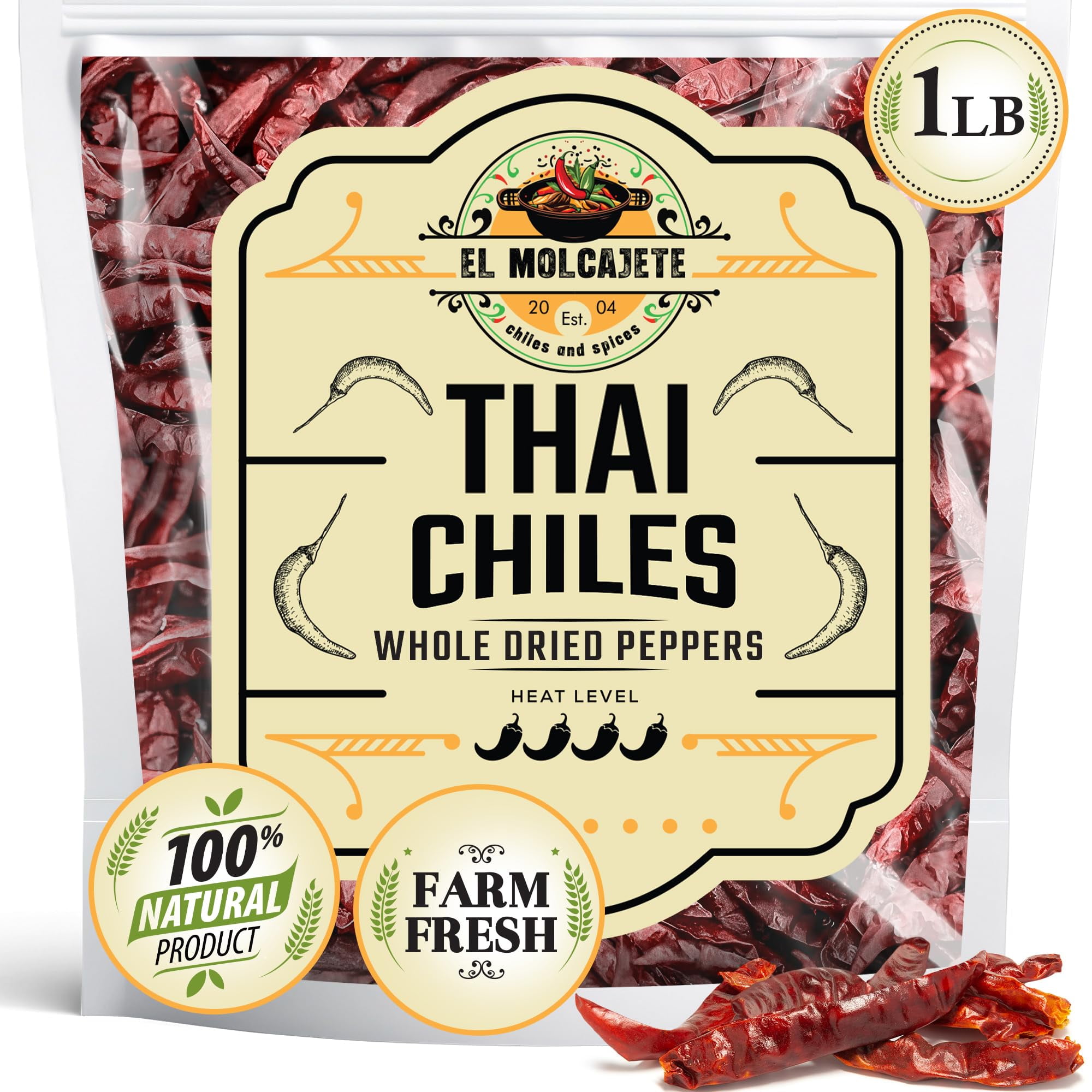 Dried Red Thai Chili Peppers, MDA05 16 oz Bag - Whole Hot Peppers for ...