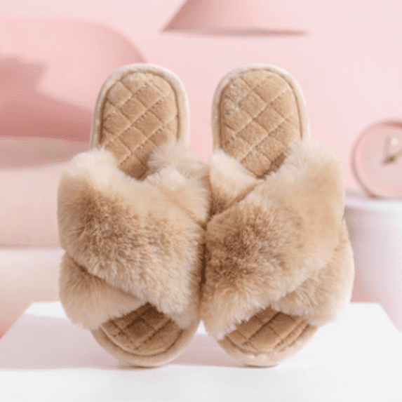 DrifWoo Women's Fluffy Slippers Soft Furry Cross Band Design Memory ...