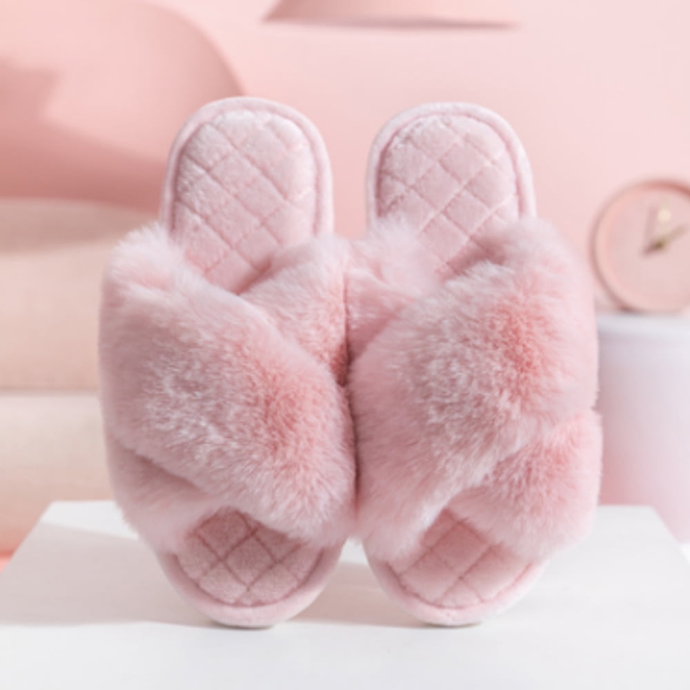 DrifWoo Women's Fluffy Slippers Soft Furry Cross Band Design Memory ...