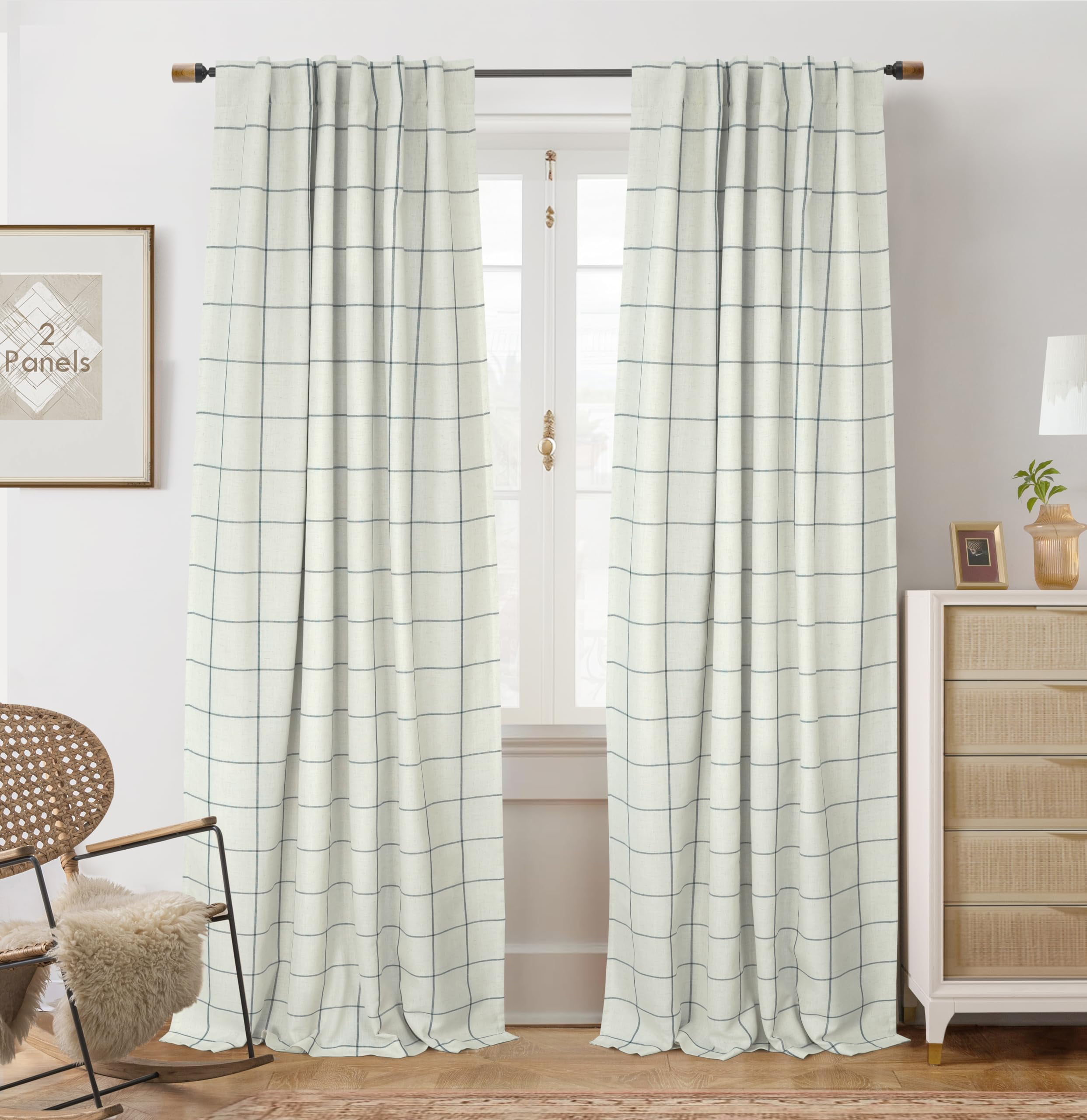DriftAway 2 Panels 100% Blackout Windowpane Plaid Linen Curtains Double ...