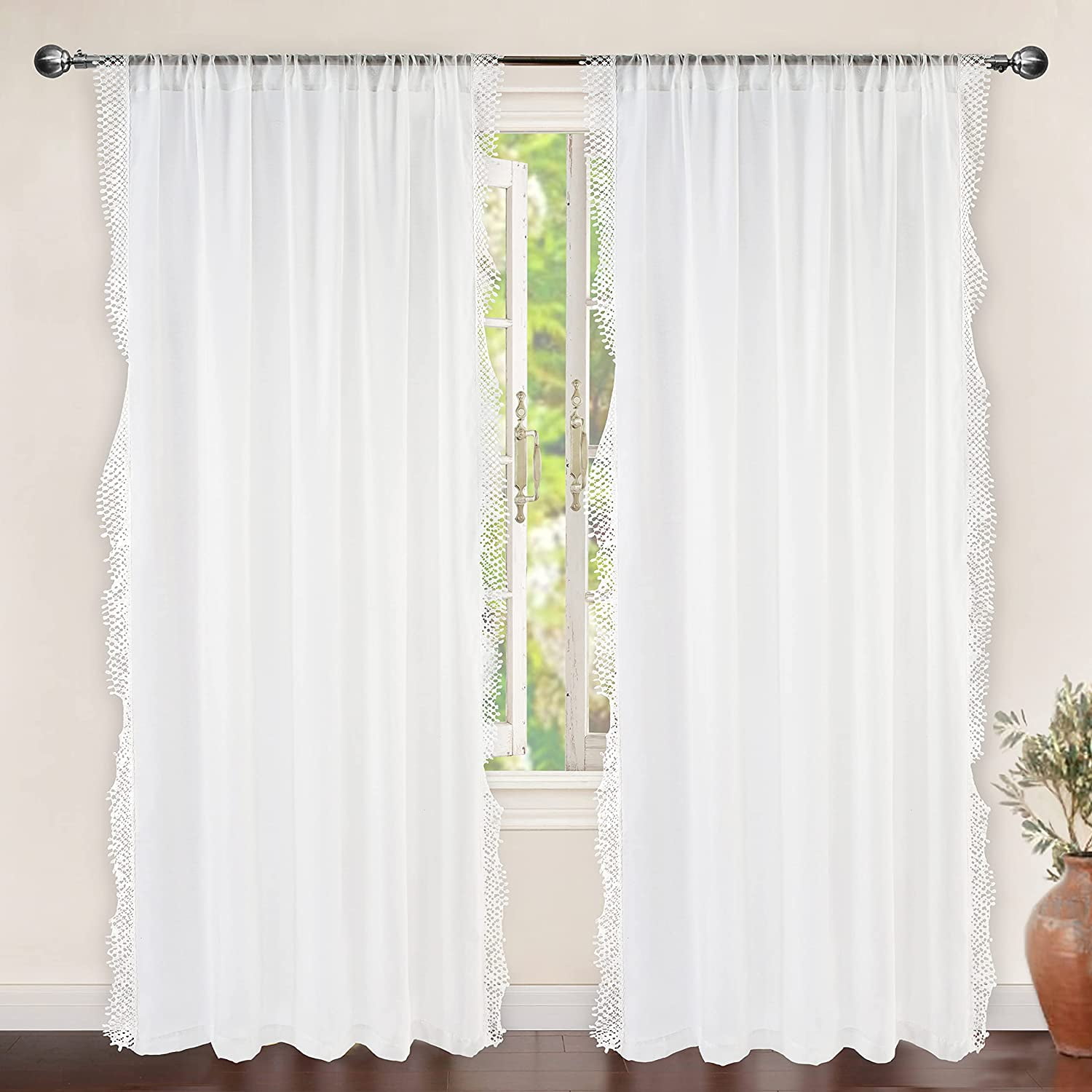 DriftAway Ava Lace/Crochet Trim Voile Sheer Window Curtain Panel Pair ...