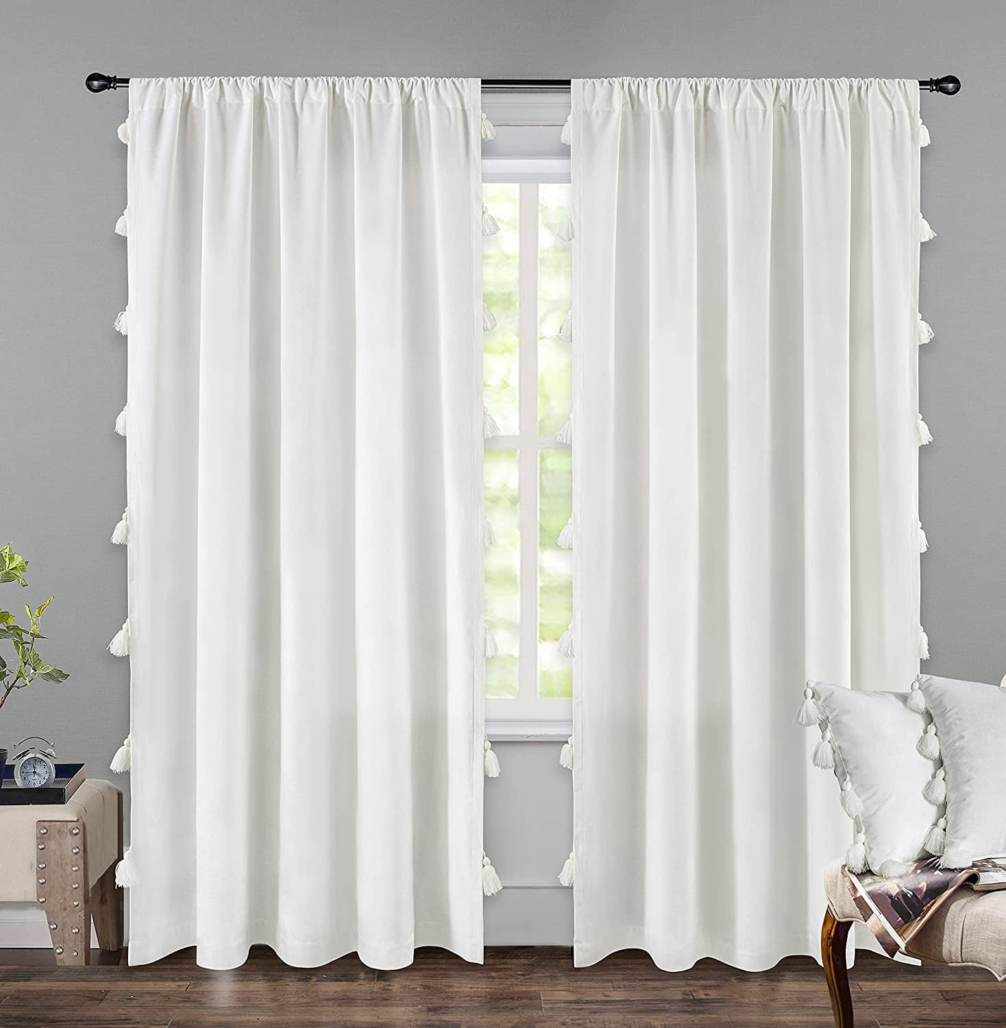 DriftAway Boho Velvet Handmade Tassel Curtain Room Darkening Thermal ...